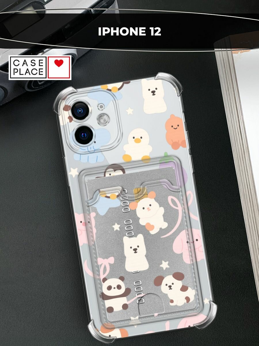 Чехол на Apple iPhone 12 (Айфон 12) с картой и принтом Детеныши животных паттерн