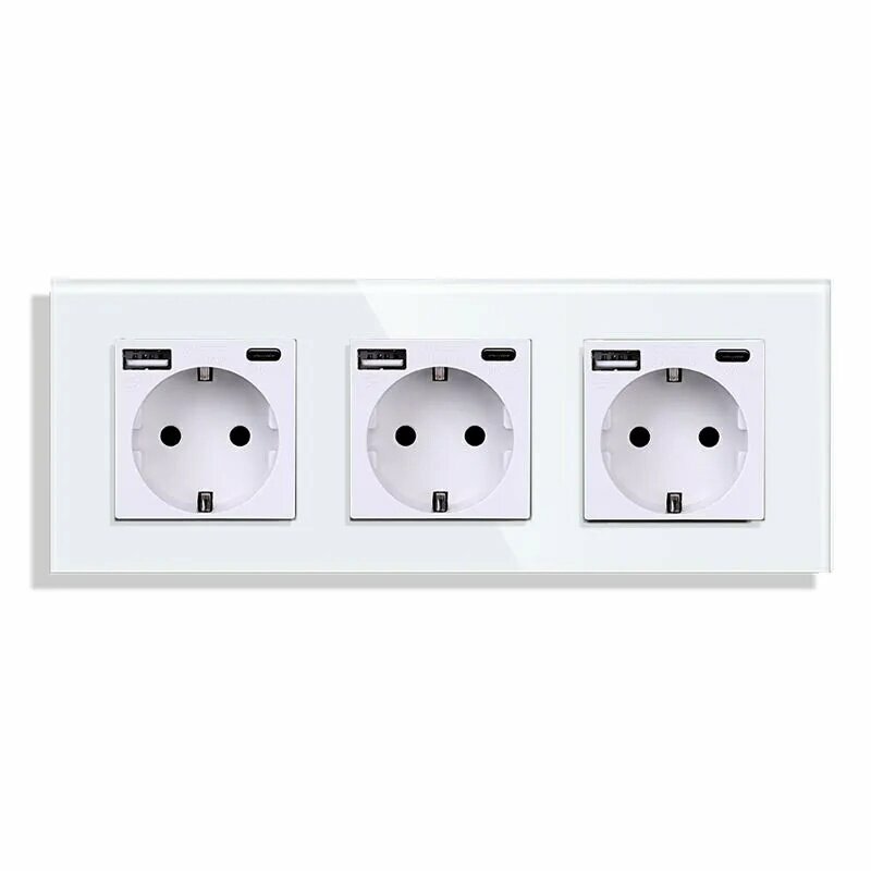 Розетка тройная с USB и type-C, в стандартный подрозетник, рамка закаленное стекло Белая