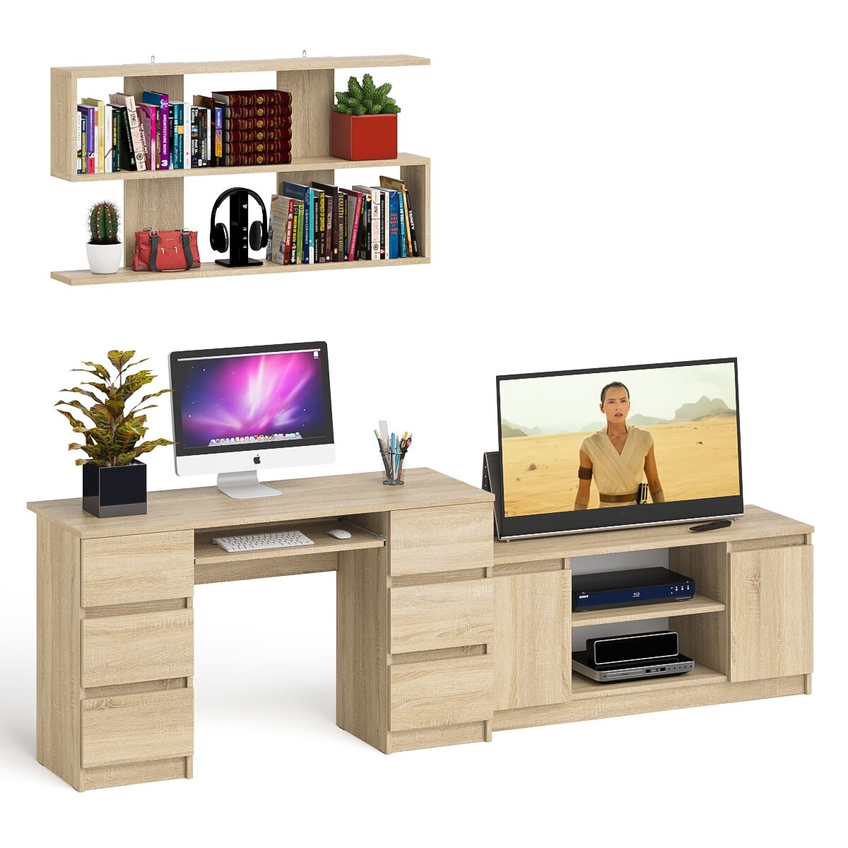 Письменный стол Мори МС-2 с ТВ-тумбой 1200 и навесной полкой 1200, дуб сонома, 255,8х50х209,6 см.