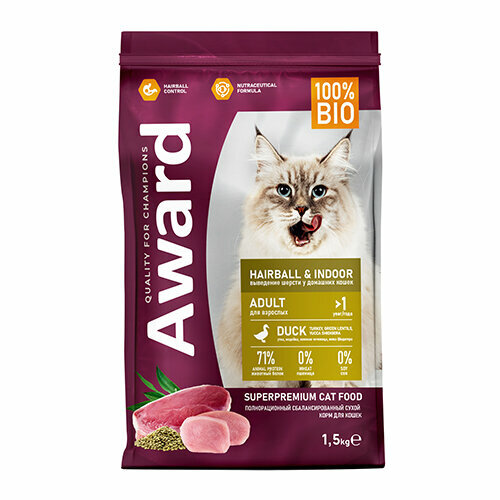 Сухой корм Авард для взрослых Домашних кошек для Выведения шерсти Утка индейка зеленая чечевица юкка Шидигера 1,5 кг