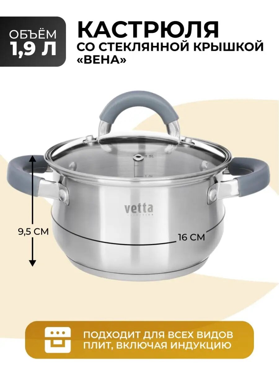 Кастрюля из нержавеющей стали с крышкой 1,9 литра, для индукции