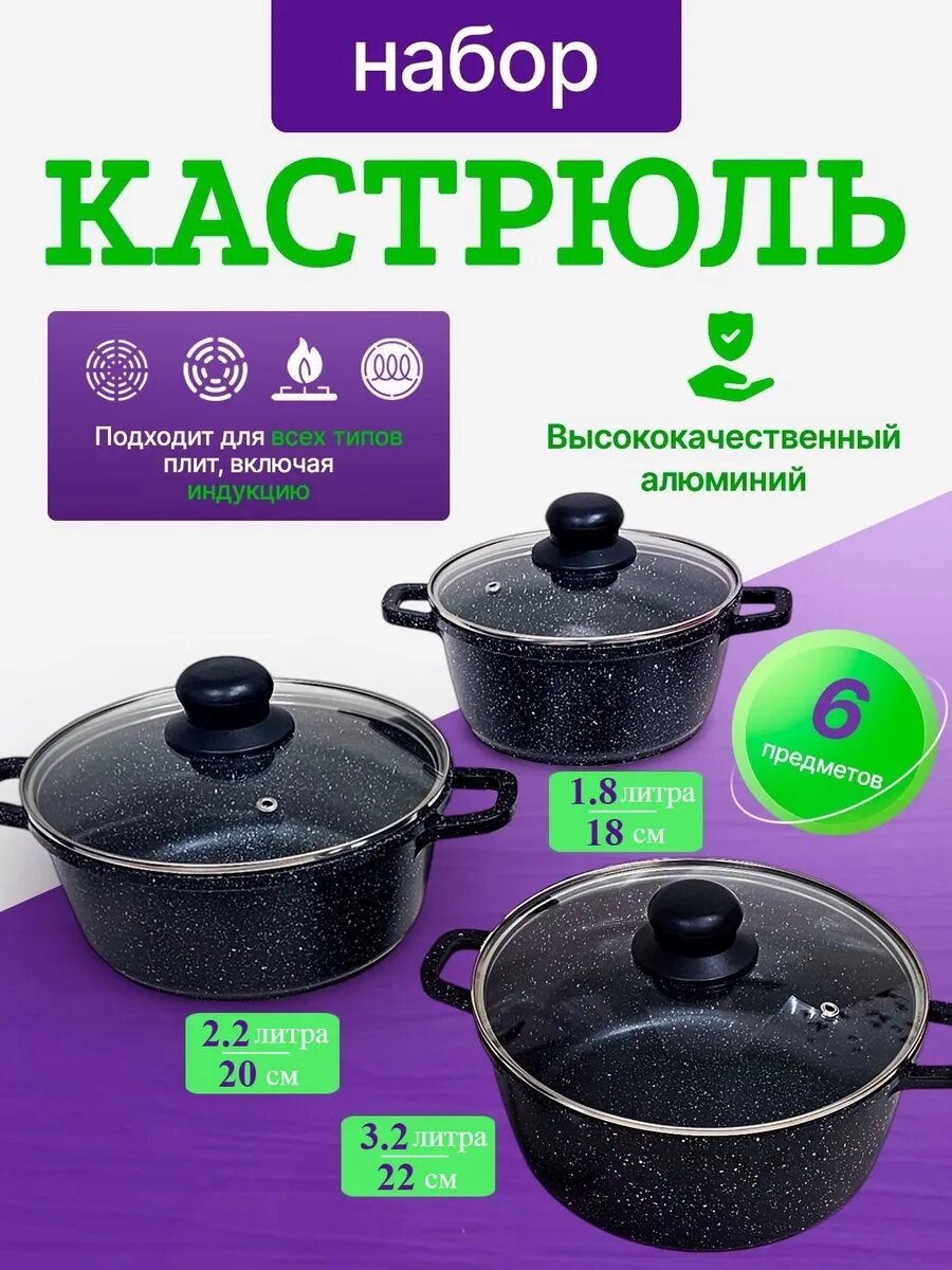 Набор кастрюль Восток Стиль, для индукции, с антипригарным покрытием, черный