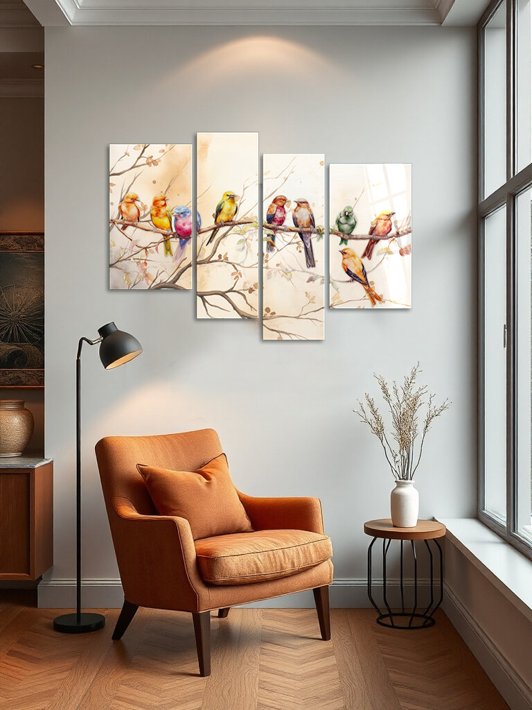 Картина модульная 140х100 см на стекле для интерьера/ Птички на ветке, Diva Kartina