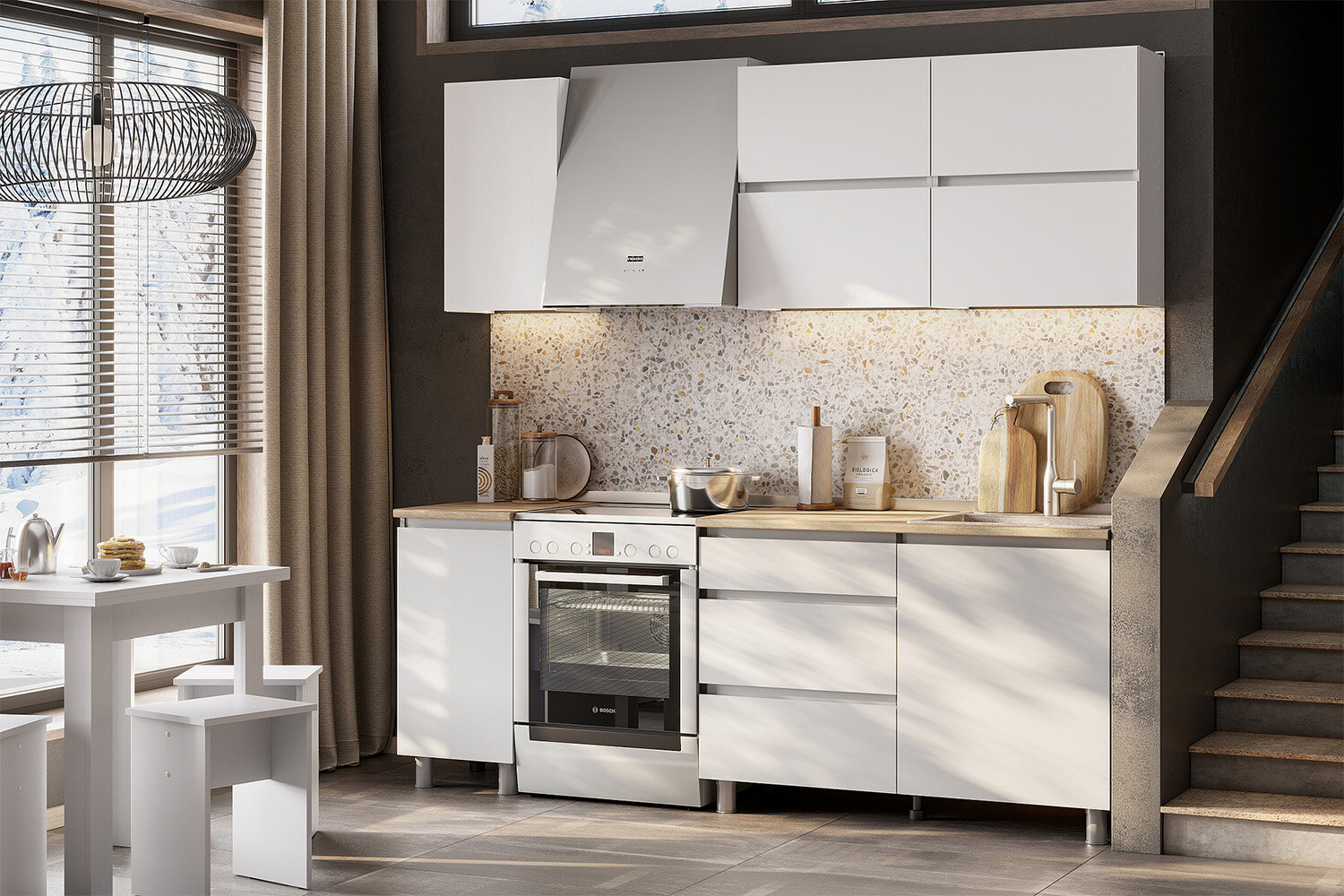 Кухонный гарнитур 1,6 метра, цвет Белый текстурный/Дуб Сонома, со столешницей