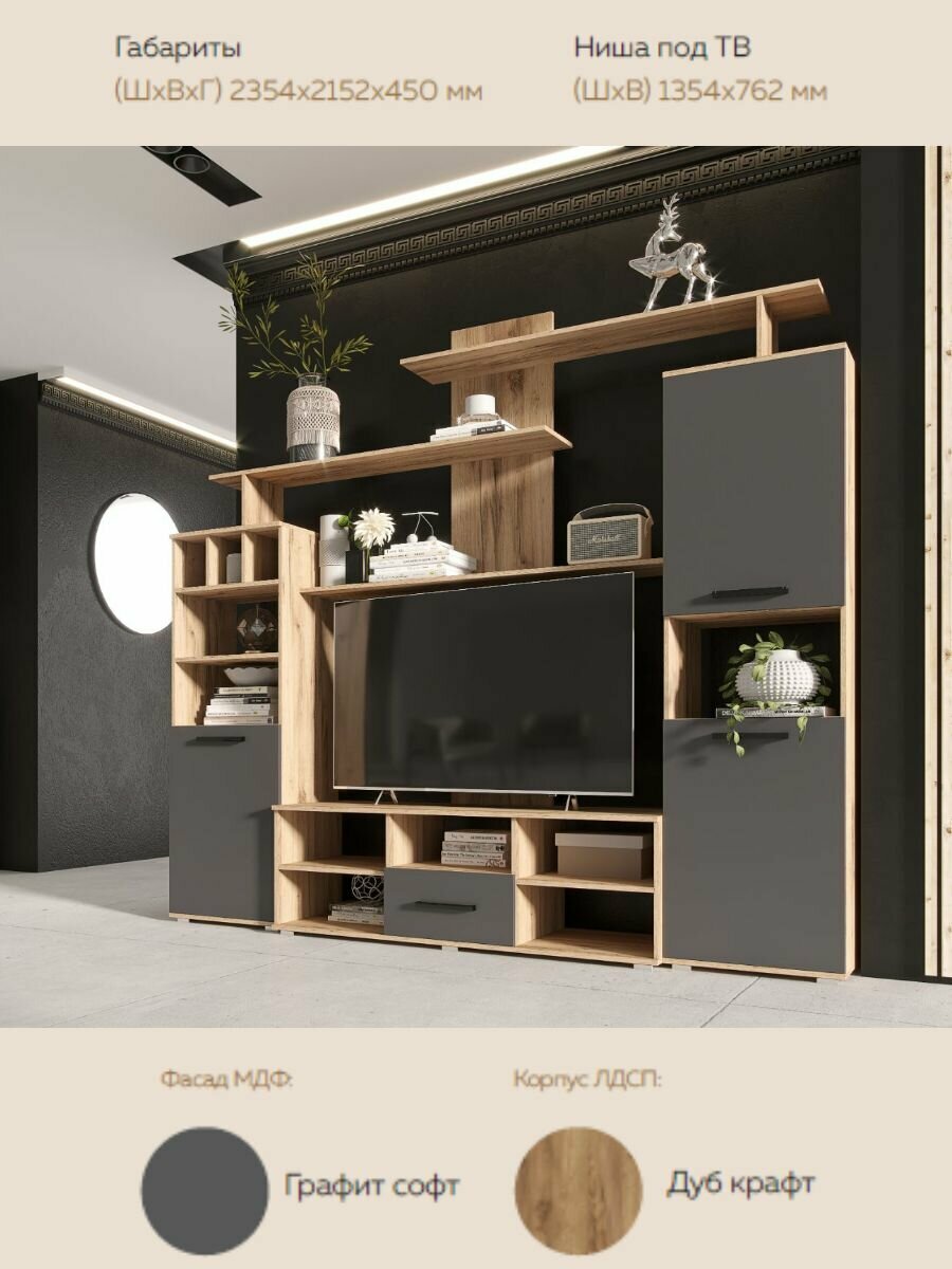 Гостиная Мини 2 МДФ 2354х2153х450, Дуб крафт/Графит Софт, МИФ