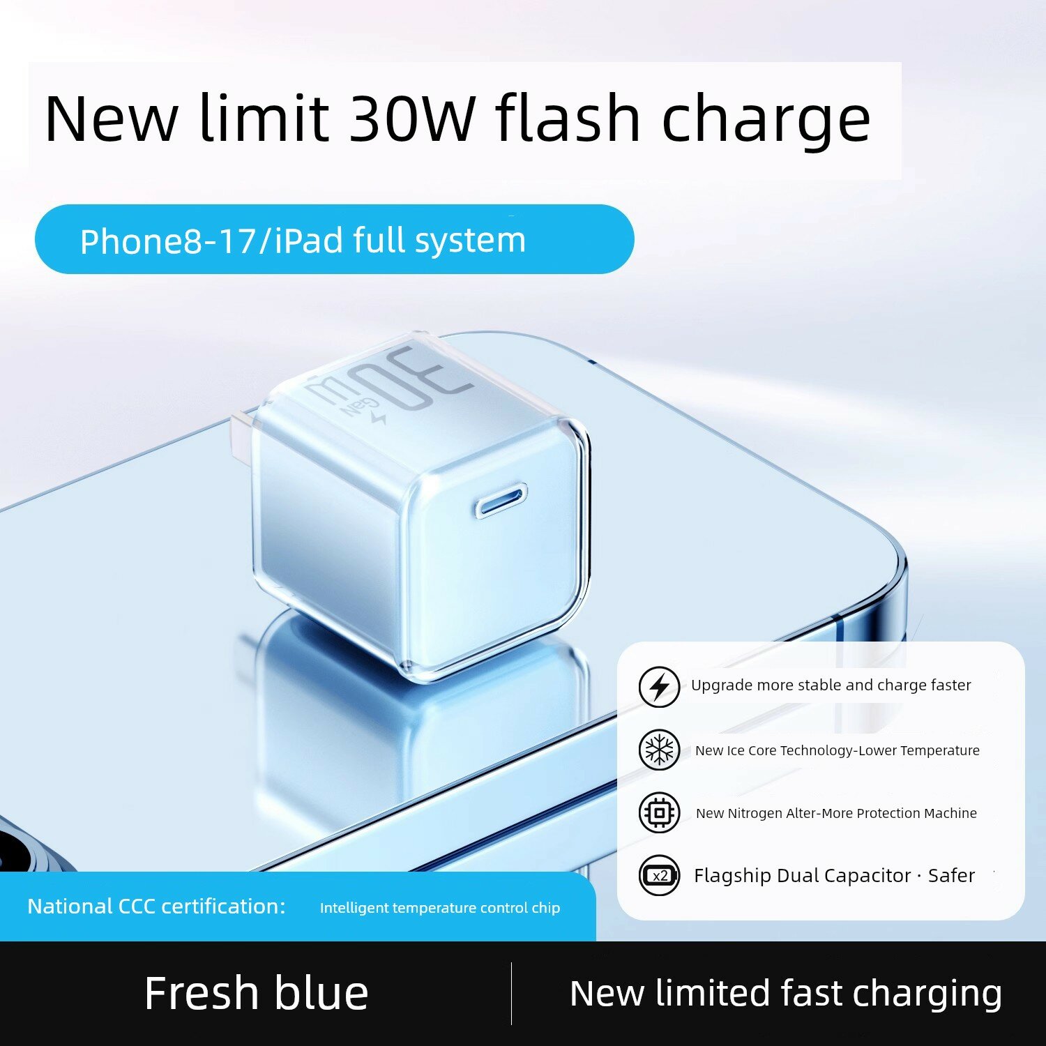 30W GaN USB-C адаптер питания с быстрым зарядом PD, сертификат 3C, совместимость с iPhone 6-14 сериями
