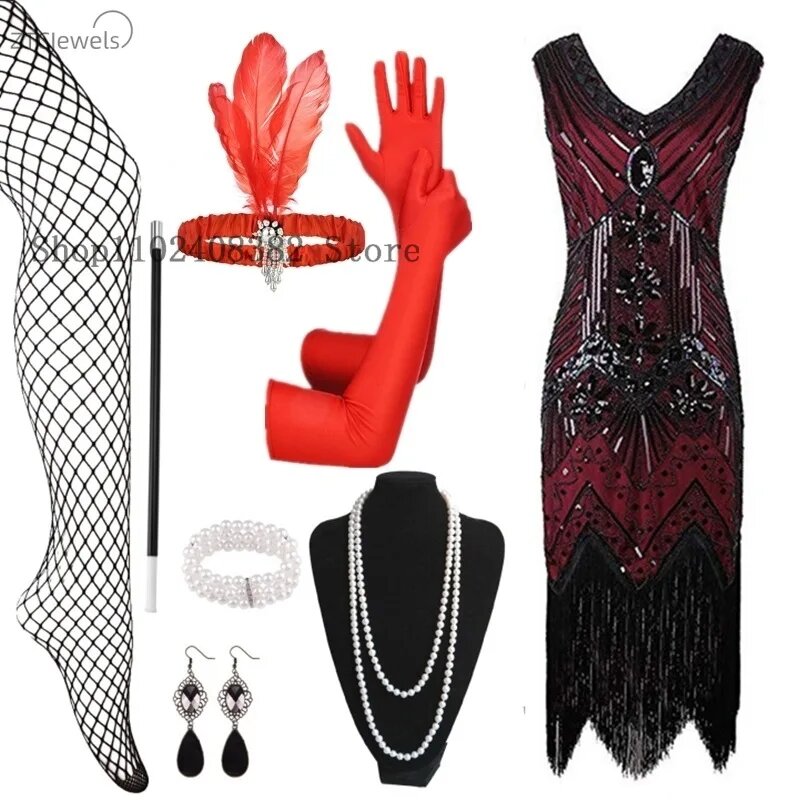 Платье-флаппер 1920, набор wine dress set, размер S