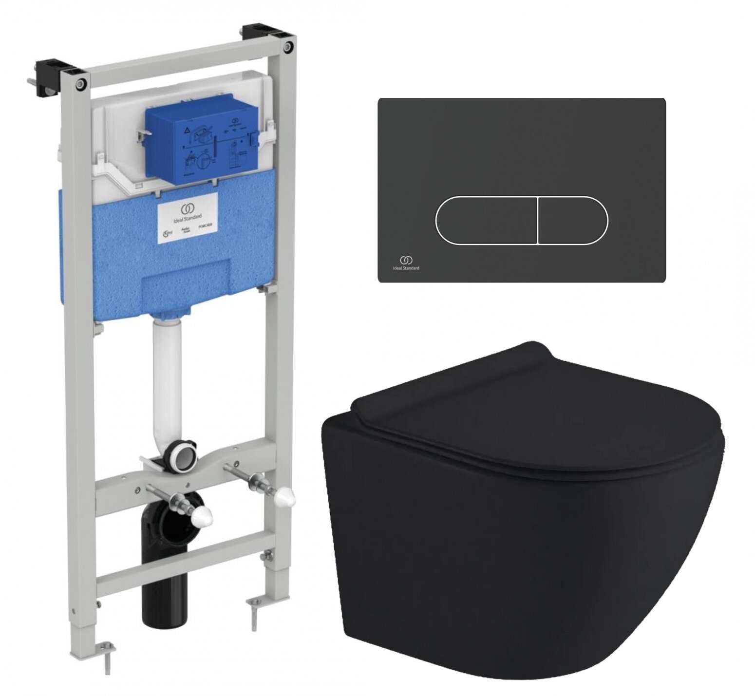 Комплект 3 в 1 инсталляция Ideal Standard + Унитаз подвесной Timo Kulo TK-403MB + кнопка черная