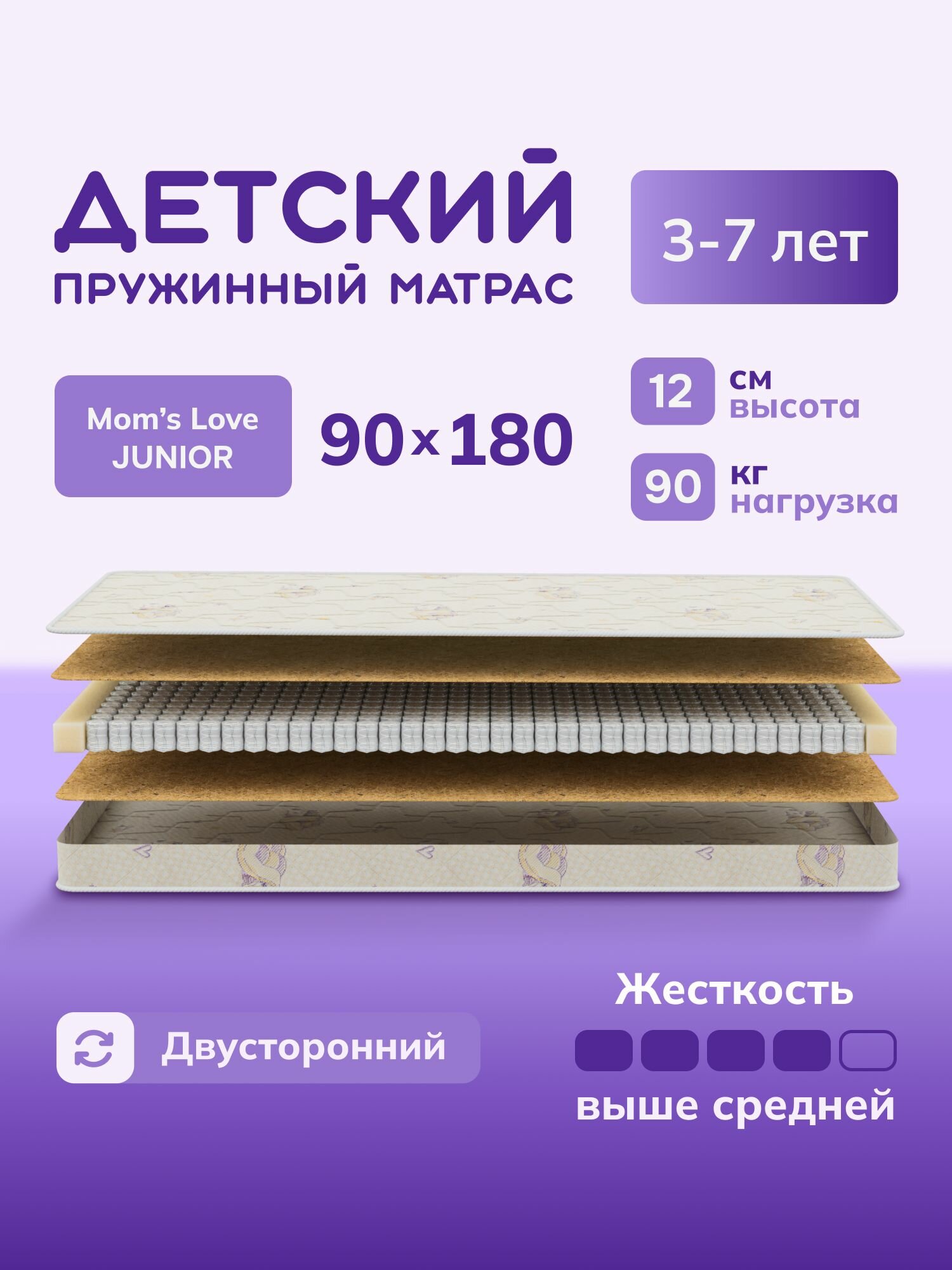 Матрас ортопедический пружинный детский 90х180 см Mom's Love Junior независимые пружины, гипоаллергенный, высота 12 см