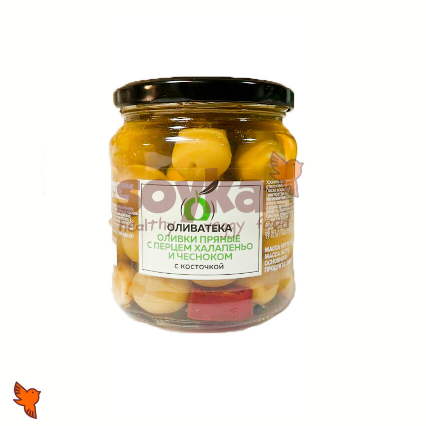 Оливки зеленые с косточкой с перцем халапеньо и чесноком пряные в рассоле с маслом Оливатека, 460г