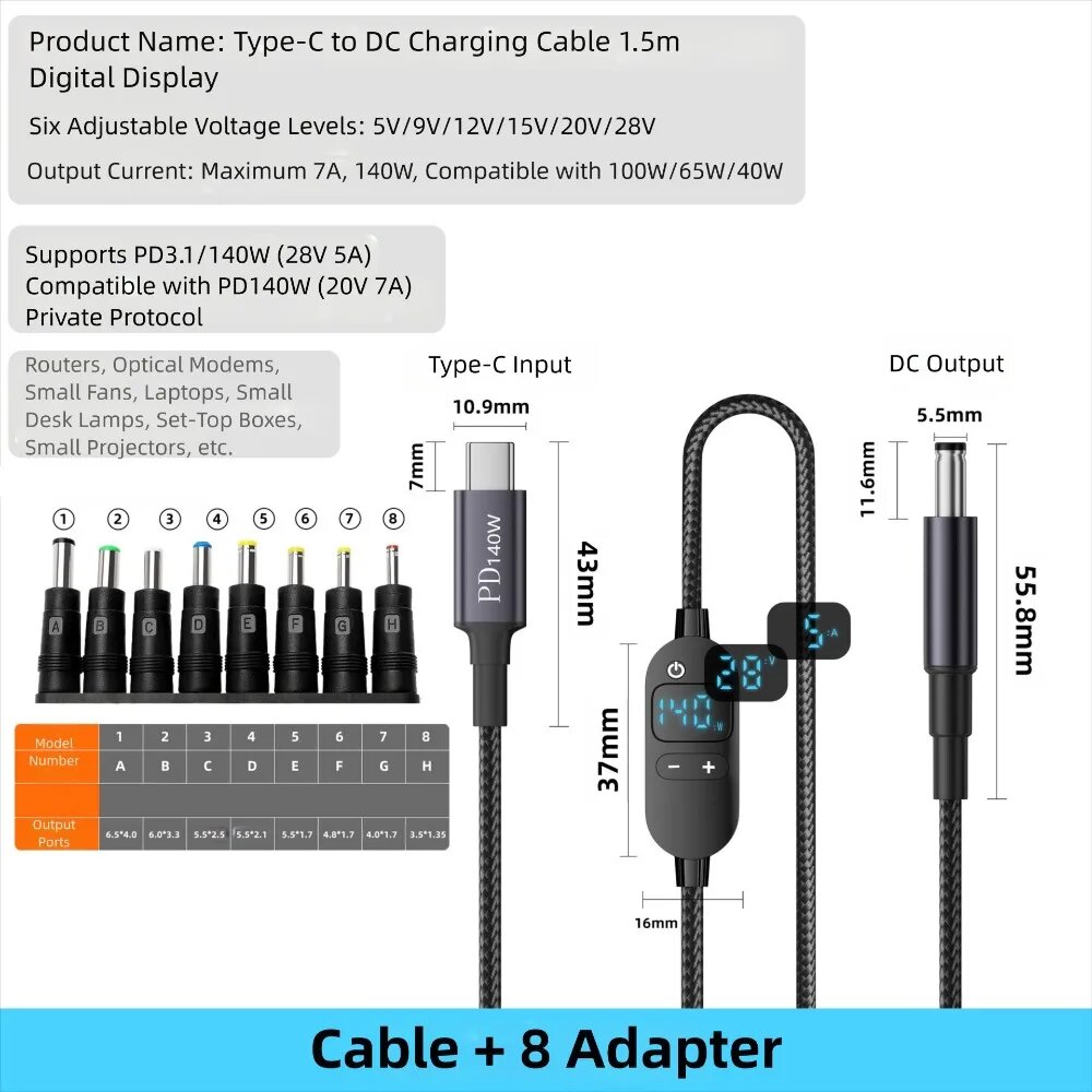 USB C — DC PD Адаптер с дисплеем 5В/9В/12В/15В/20В Cable - 8 Adapter