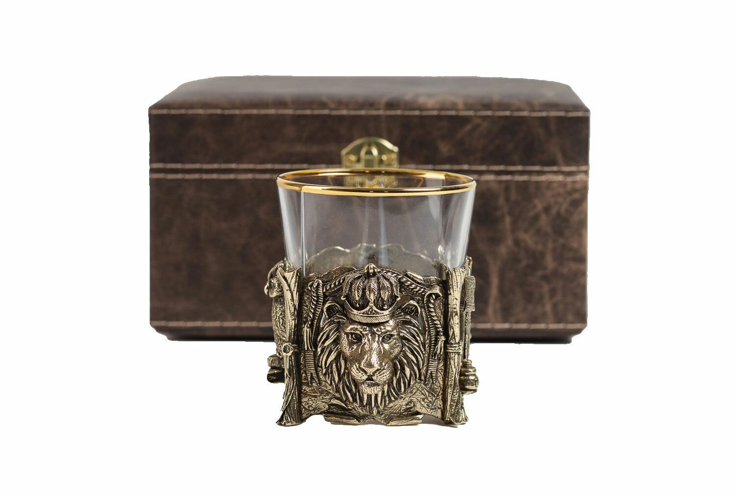Бокал для виски мужчине руководителю "Мудрый лев Vip" художественное литье в подарочной коробке из кож. зама . Авторская работа Россия.