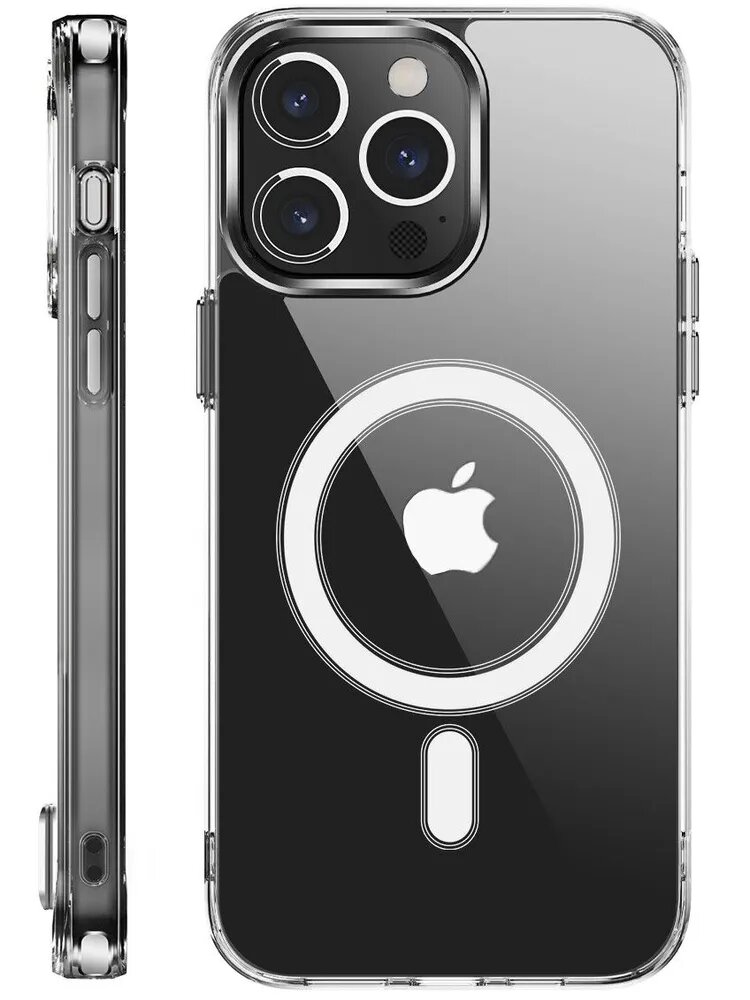 Чехол на айфон 15 Pro Max, с MagSafe, силикон, поликарбонат, прозрачный