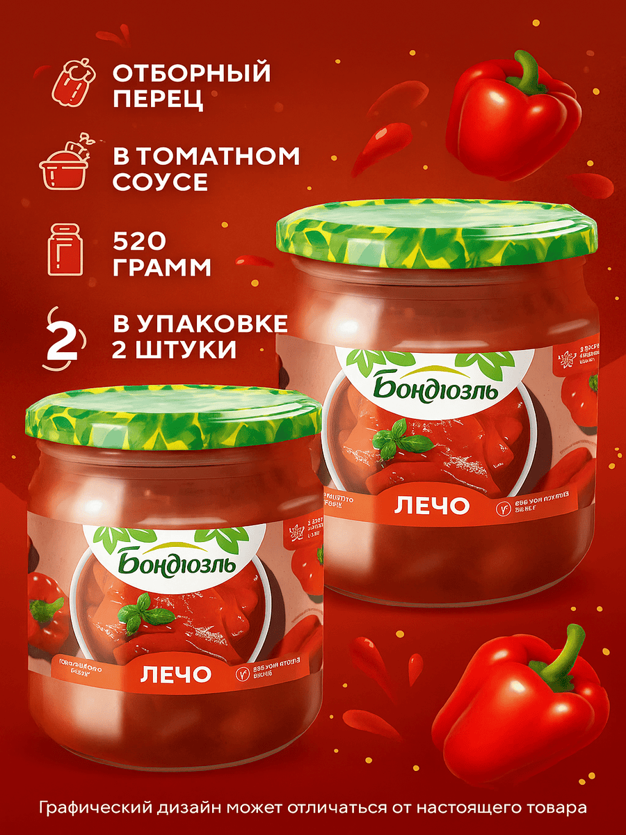 Лечо BONDUELLE отборный перец в густом томатном соусе, 520г x 2 упаковки