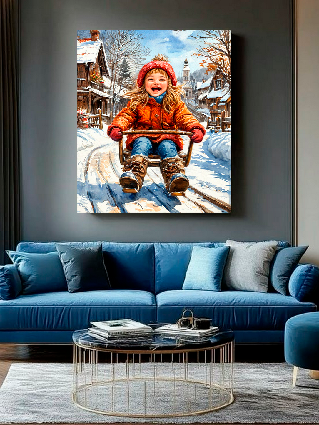 Картина на стену для интерьера "Девочка на санках" 40х50 см, холст на подрамнике, InterToys