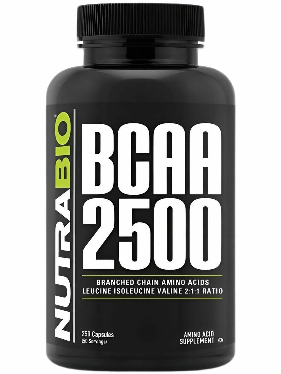 BCAA NutraBio, в капсулах, для восстановления, красоты и здоровья, 250 шт