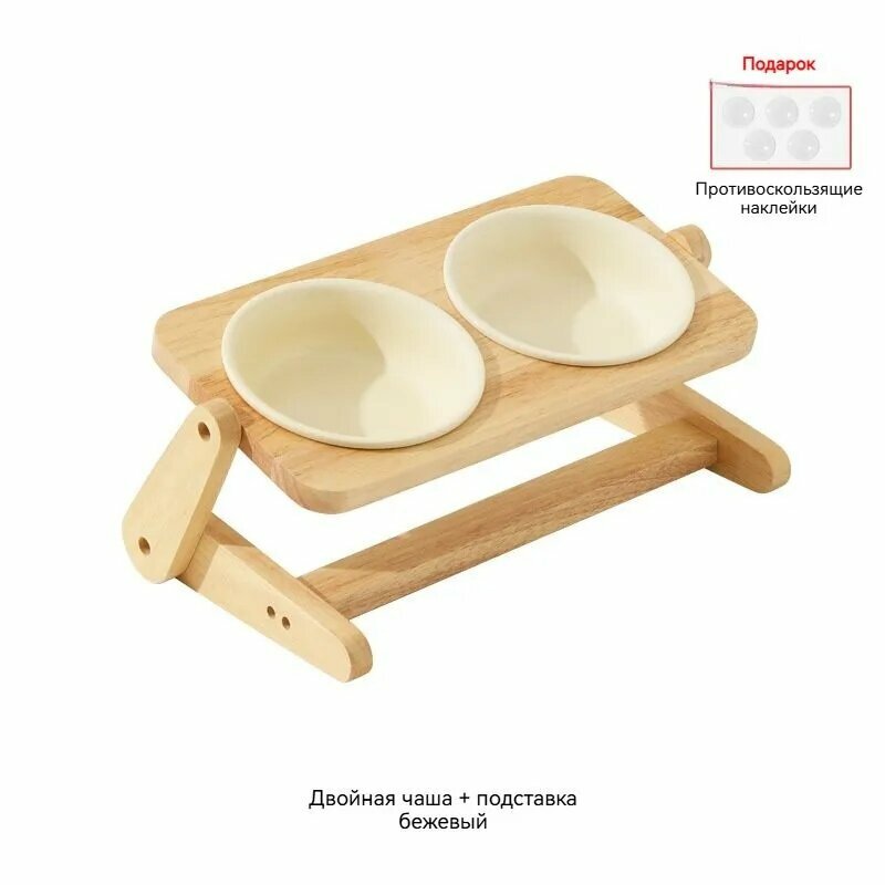 Миска для кошек керамическая двойная на деревянной подставке, с наклоном / Миски для котов, котят и собак мелких пород