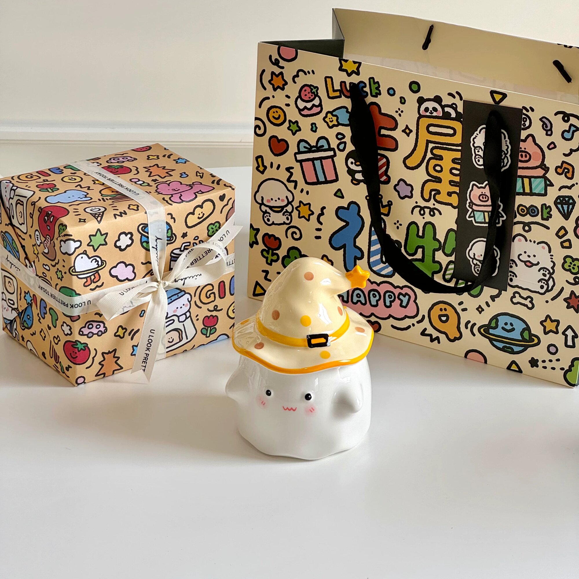 Подарок на день рождения: кружка-призрак, необычная керамическая чашка с крышкой, подарок для девушки, парня, сувенир,