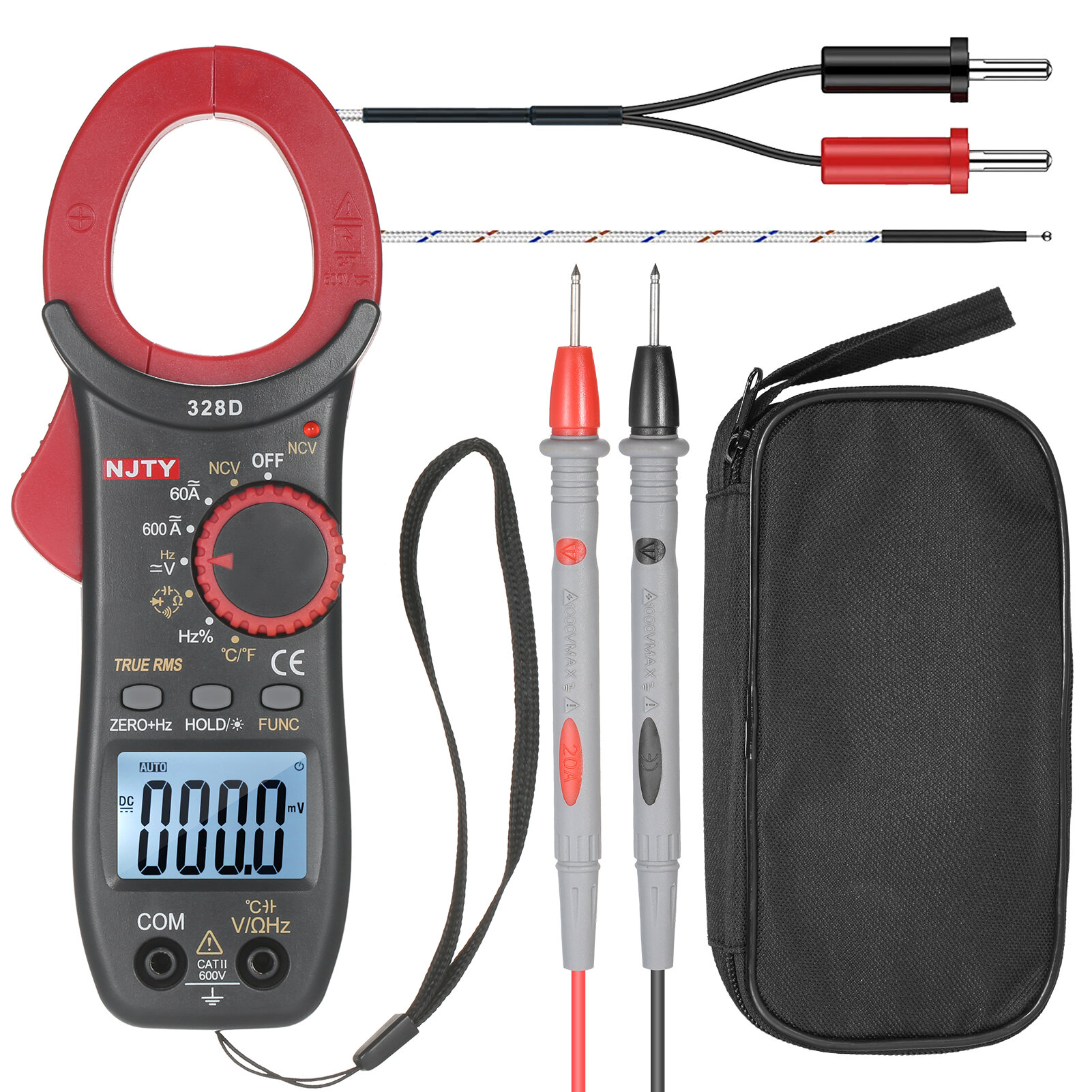 NJTY 328D 600A AC Clamp Meter Auto Range 6000 Counts 1.6-inch LCD Digital True RMS NCV Type Universal Multipurpose for Measuring AC/DC Current Voltage Temperature Resistance Frequency Capacitance Diodes and Buzzer