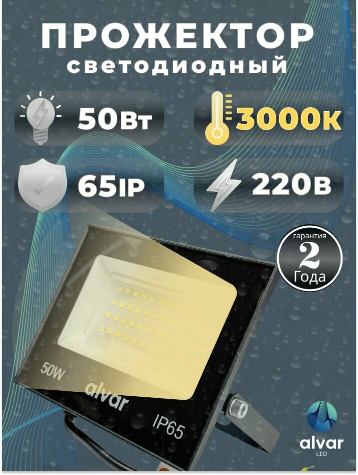 Прожектор светодиодный уличный 50Вт, 3000К теплый, 220В