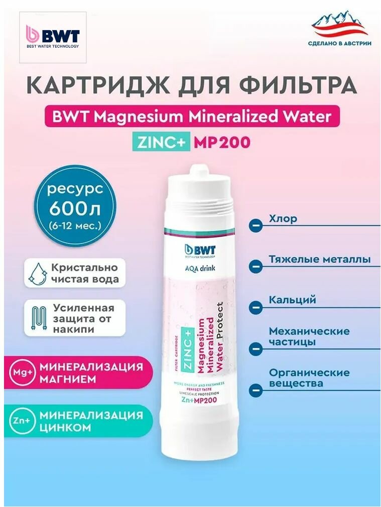 Картридж для фильтра под мойку BWT Zn+MP200 Magnesium Mineralized Water/Минерализация Магнием и Цинком/Усиленная защита от накипи