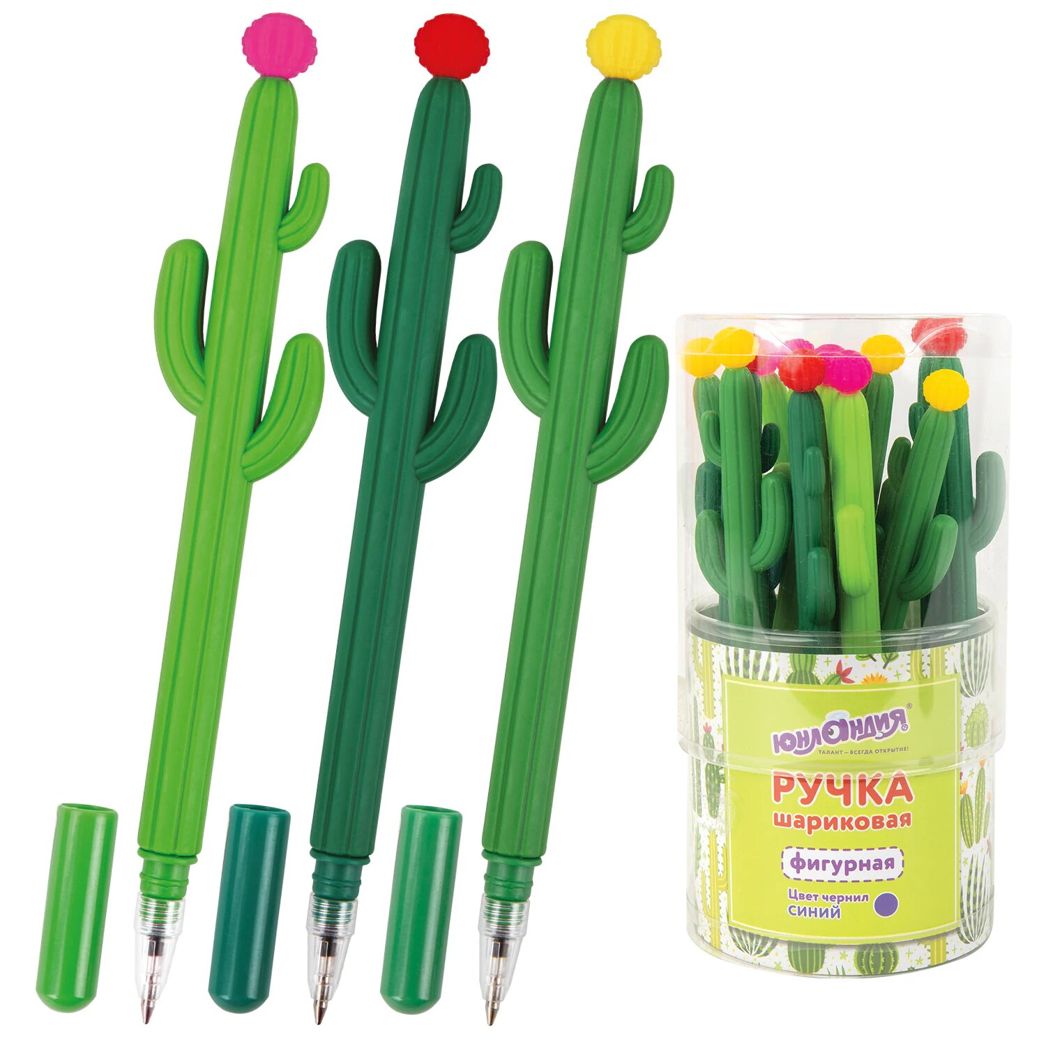 Ручка фигурная шариковая юнландия "Кактус", мягкий силиконовый корпус, ассорти, синяя, пишущий узел 0,7 мм, 143774 (цена только за 1 шт.)