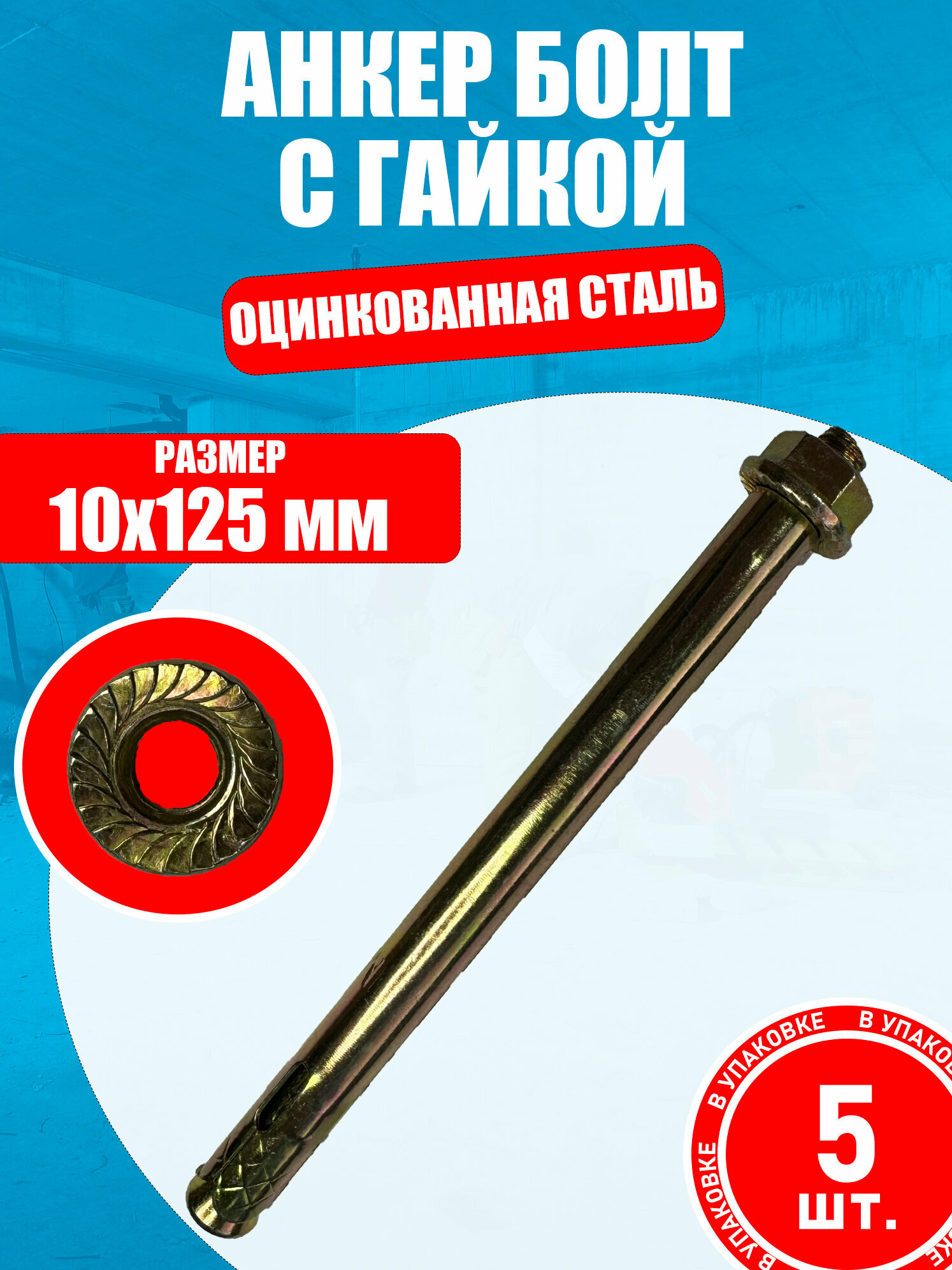 Анкерный болт 10х125 мм с гайкой 5 шт