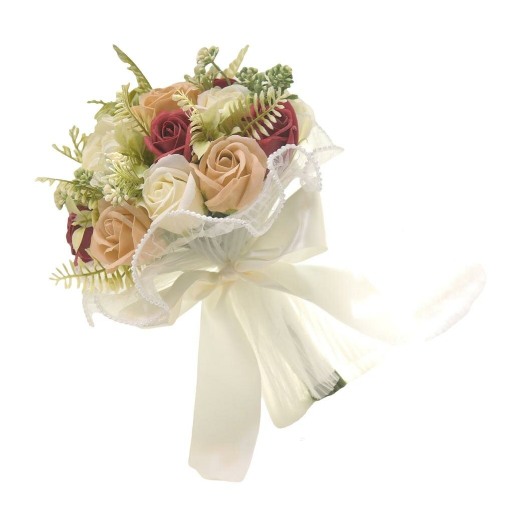 Букет невесты ручной работы из искусственных роз и пионов белого, оранжевого и шампанского цветов, Вино красное