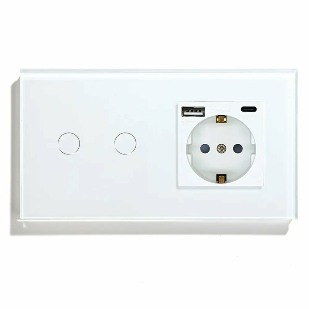 Розетка электрическая с USB и type-C входами с Сенсорный выключатель, 2 клавиша 1 розетка, рамка закаленное стекло Белая