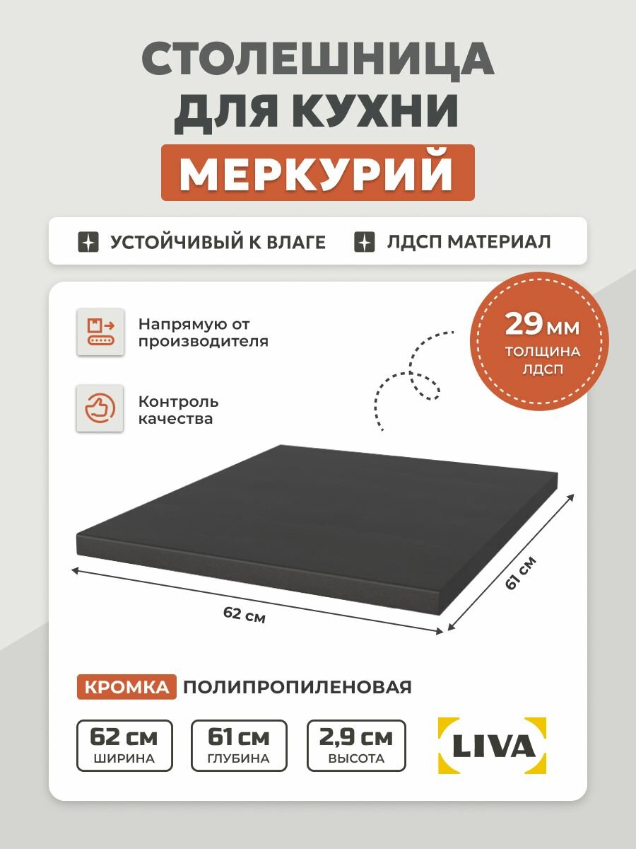 Кухонная столешница Меркурий, графит, ЛДСП 620*610*29 мм, LIVA