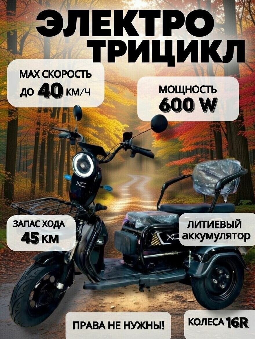Устойчивый электрический трицикл с мотором 600 ватт, скорость до 45 км/ч