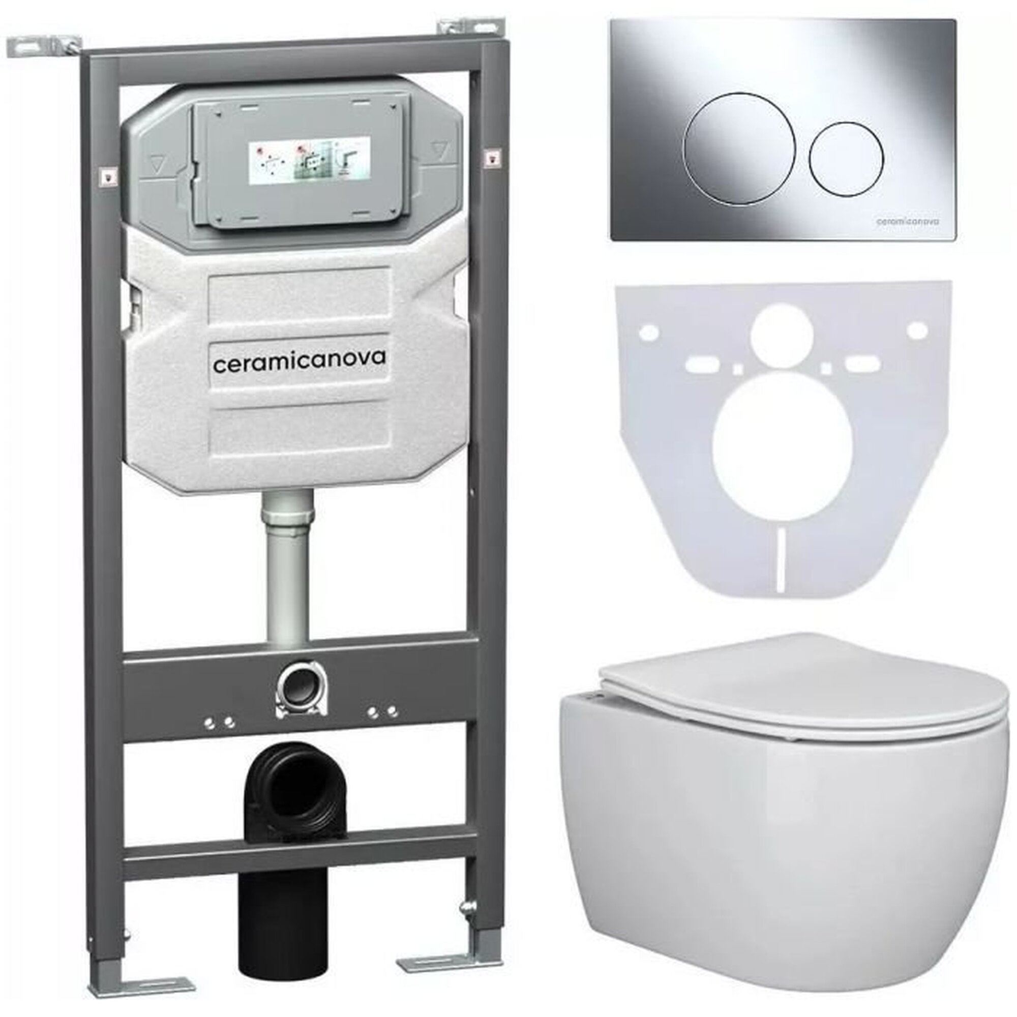 Комплект инсталляции 4 в 1 Ceramicanova (Керамиканова) Подвесной унитаз PLAY Rimless арт. CN3001 + Шумоизоляционная панель для инсталляции арт. CN1000 + Система инсталляции для унитазов CERAMICANOVA Envision с кнопкой смыва Round цвет хром и креплениями,