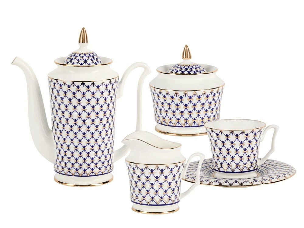 Сервиз кофейный " Кобальтовая сетка " форма Юлия 6 персон, 15 предметов, Императорский фарфоровый завод