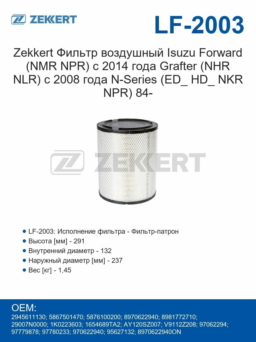 Zekkert Фильтр воздушный Isuzu Forward (NMR NPR) с 2014 года Grafter (NHR NLR) с 2008 года N-Series (ED_ HD_ NKR NPR) 84-