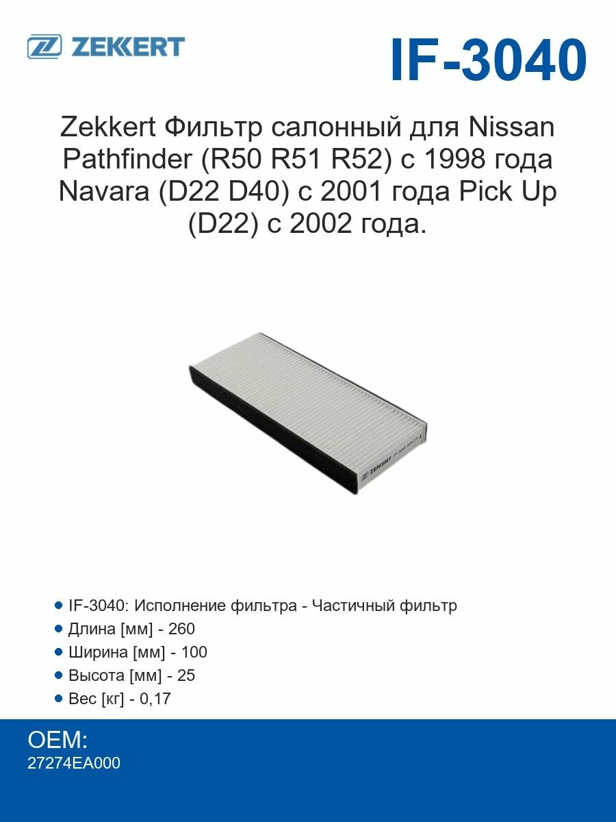 Zekkert Фильтр салонный для Nissan Pathfinder (R50 R51 R52) с 1998 года Navara (D22 D40) с 2001 года Pick Up (D22) с 2002 года.