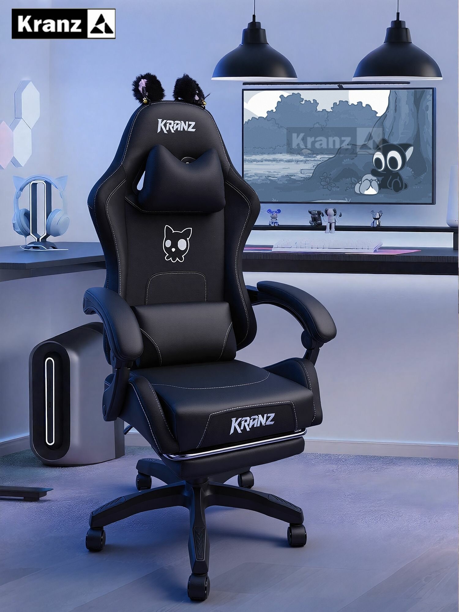 Игровое кресло Kranz, экокожа, аниме-стиль, с подголовником и подлокотниками, чёрный