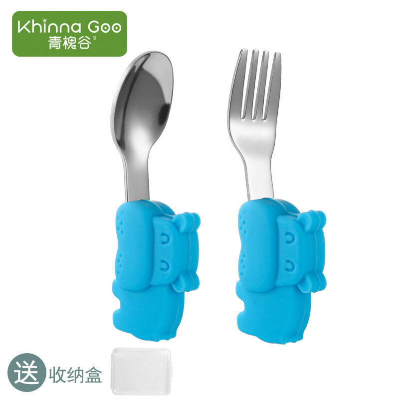 Вилка и ложка из нержавеющей стали Qinghuai Valley для обучения еде, короткая ручка, детская посуда, тренировочная вилка и ложка для детского питания