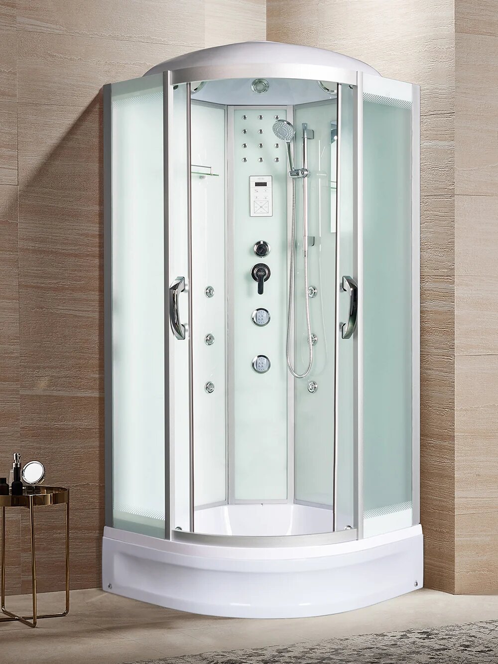 Душевая кабина River Clara 100x100 средний поддон, четверть круга, белый, гидромассаж, подсветка