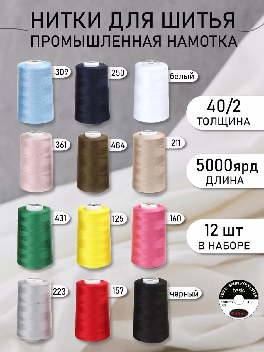 Нитки для шитья и оверлока 40/2 5000 ярд цв. ассорти 12 шт.