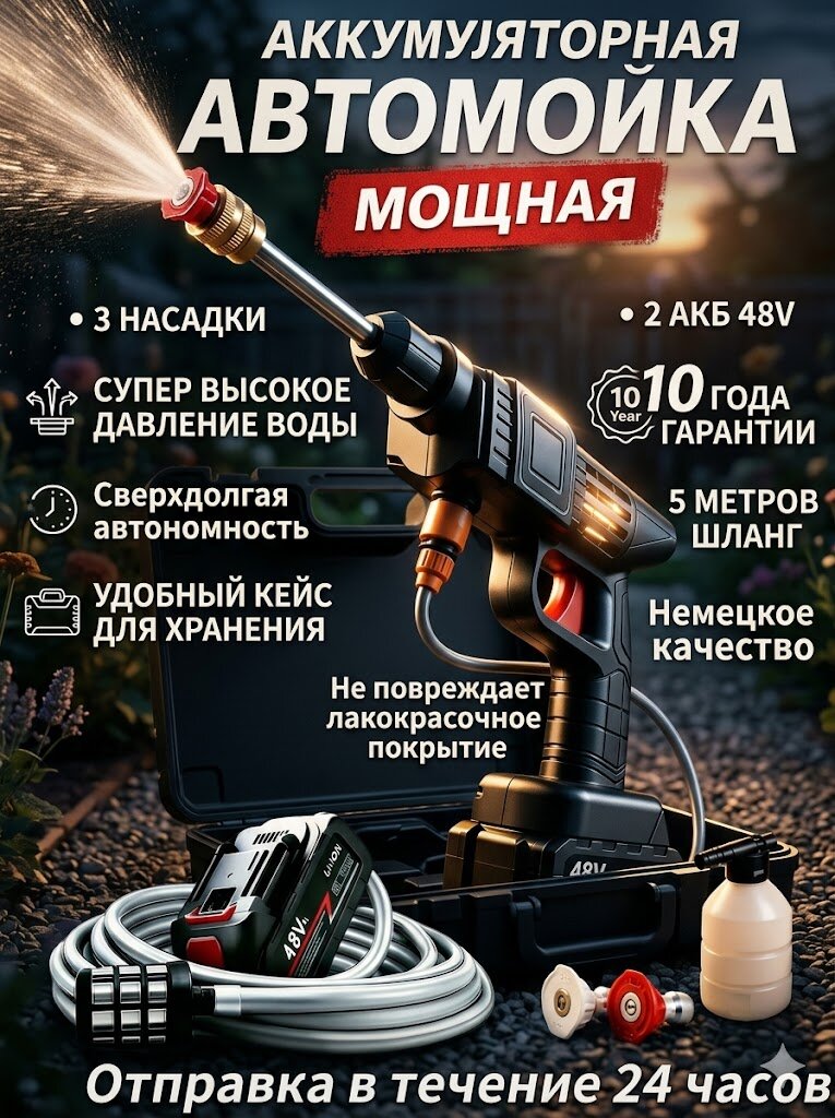Мойка высокого давления аккумуляторная для автомобиля, Автомойка, в кейсе 2 аккумулятора, 3 насадки