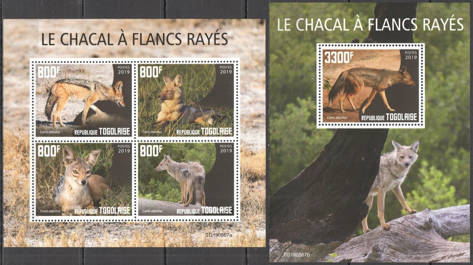 Марки 2019 год Togo Полосатая гиена Дикие животные Фауна #7830-3+Bl1808 Mnh