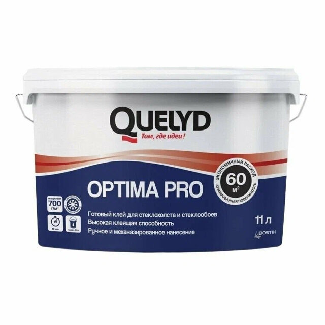 Клей для стеклохолста QUELYD Optima PRO 11л, арт.50031106, 60кв. м./уп, влагостойкий, Россия