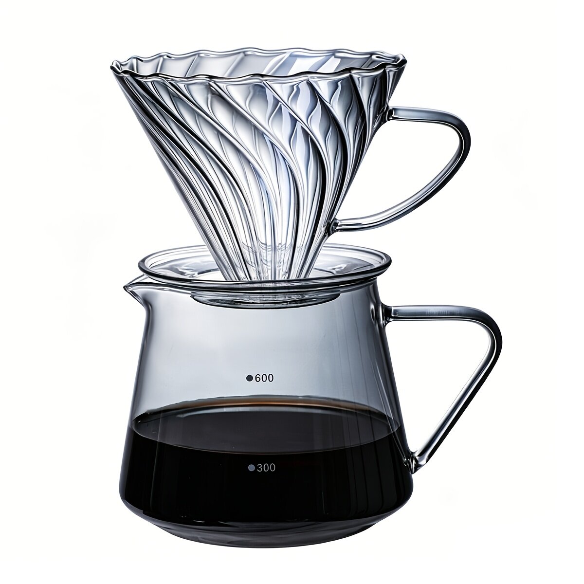 Ручная кофеварка pour over 600 мл (20 унций) из термостойкого боросиликатного стекла с держателем для фильтра, для дома и офиса, серый