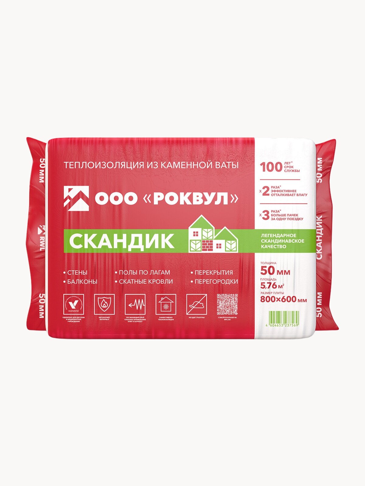 Утеплитель каменная вата Rockwool Лайт Баттс Скандик 800х600х50 (1 упак/12 плит/ 5,76м2)