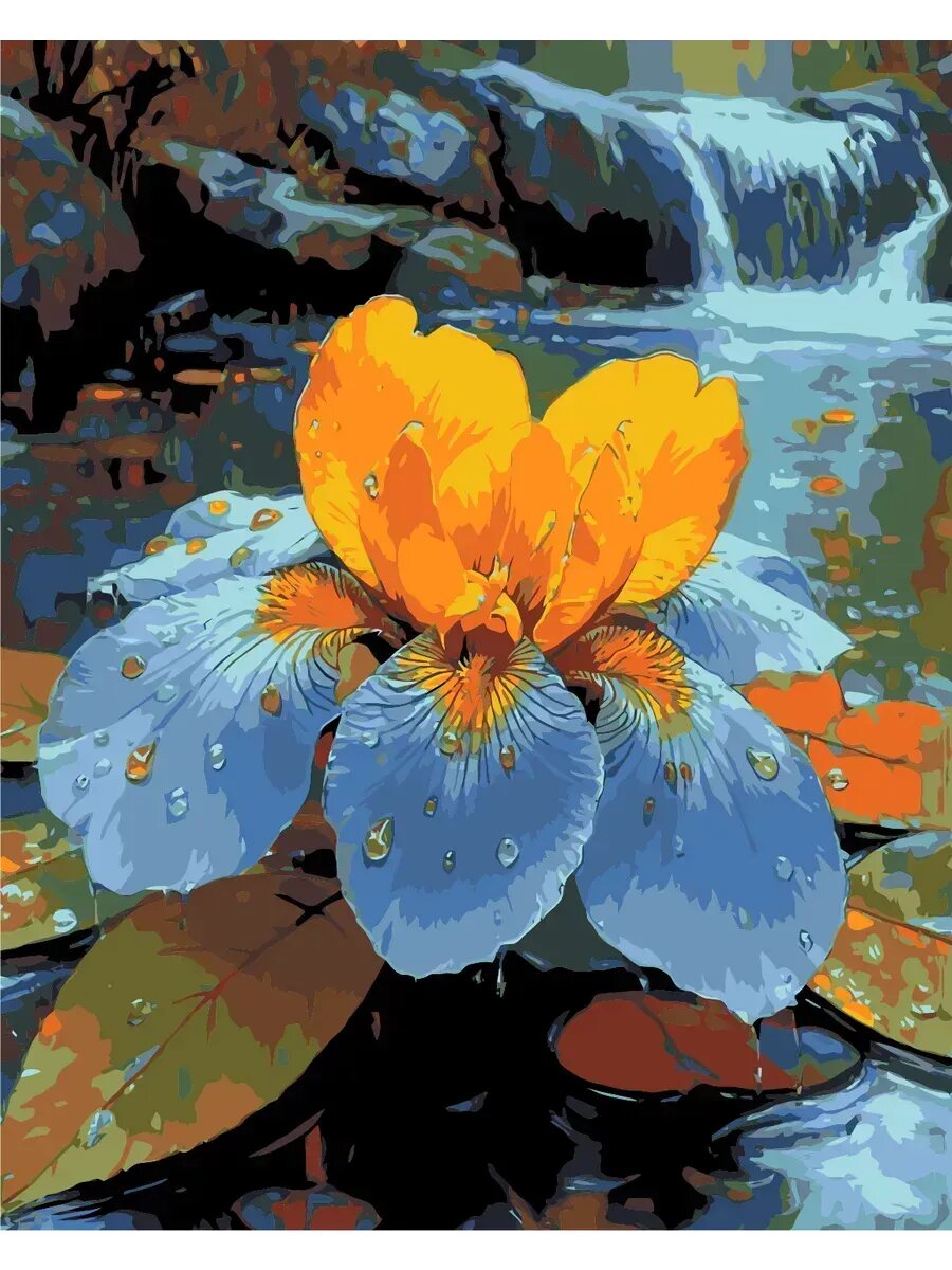 Картина по номерам 30x40 Цветы ирис у воды водопада