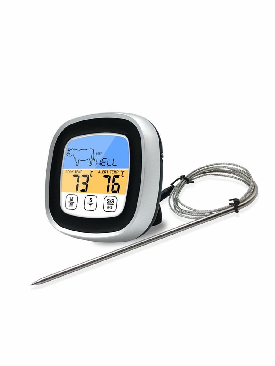 12-дюймовый цифровой термометр для мяса с сенсорным экраном из нержавеющей стали для кухни-барбекю, черный, легко читаемый и чистящийся, высокая точность измерения температуры
