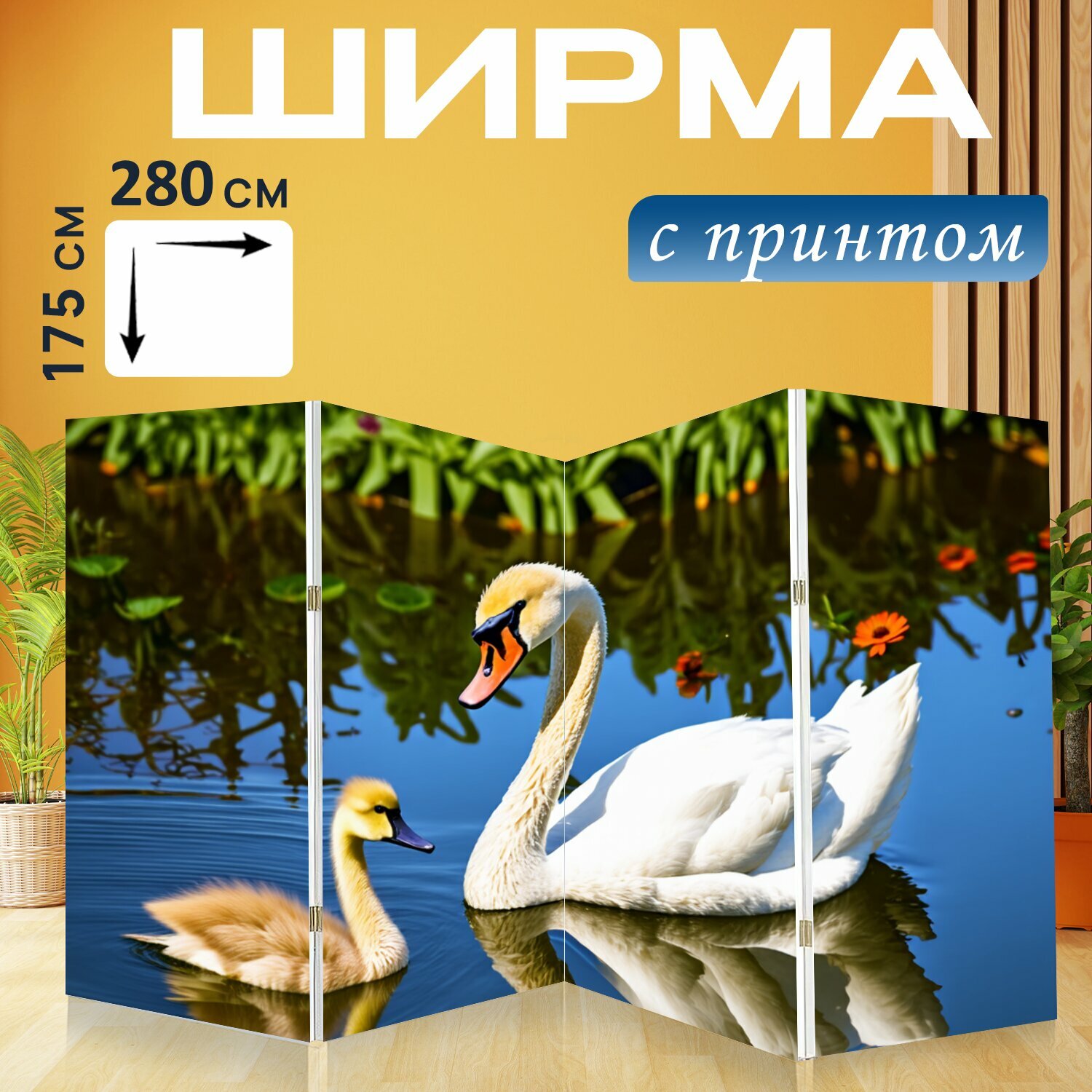 Ширма "Изображение величественного лебедя с пёстрой окраской в воде, рядом с ним птенец. Пейзаж окружён." перегородка для зонирования комнаты с принтом 280x175 см. на холсте
