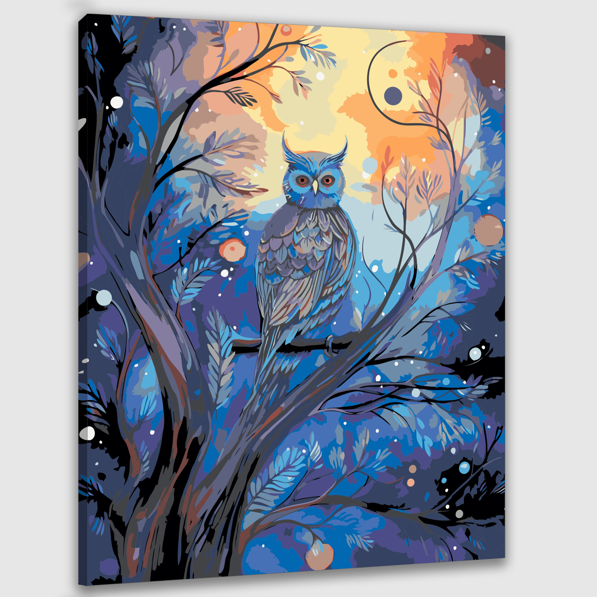 Картина по номерам 40x50 см, акварельная картина, мифическое существо, Лунная жар-птица, ветка дерева, ночное небо