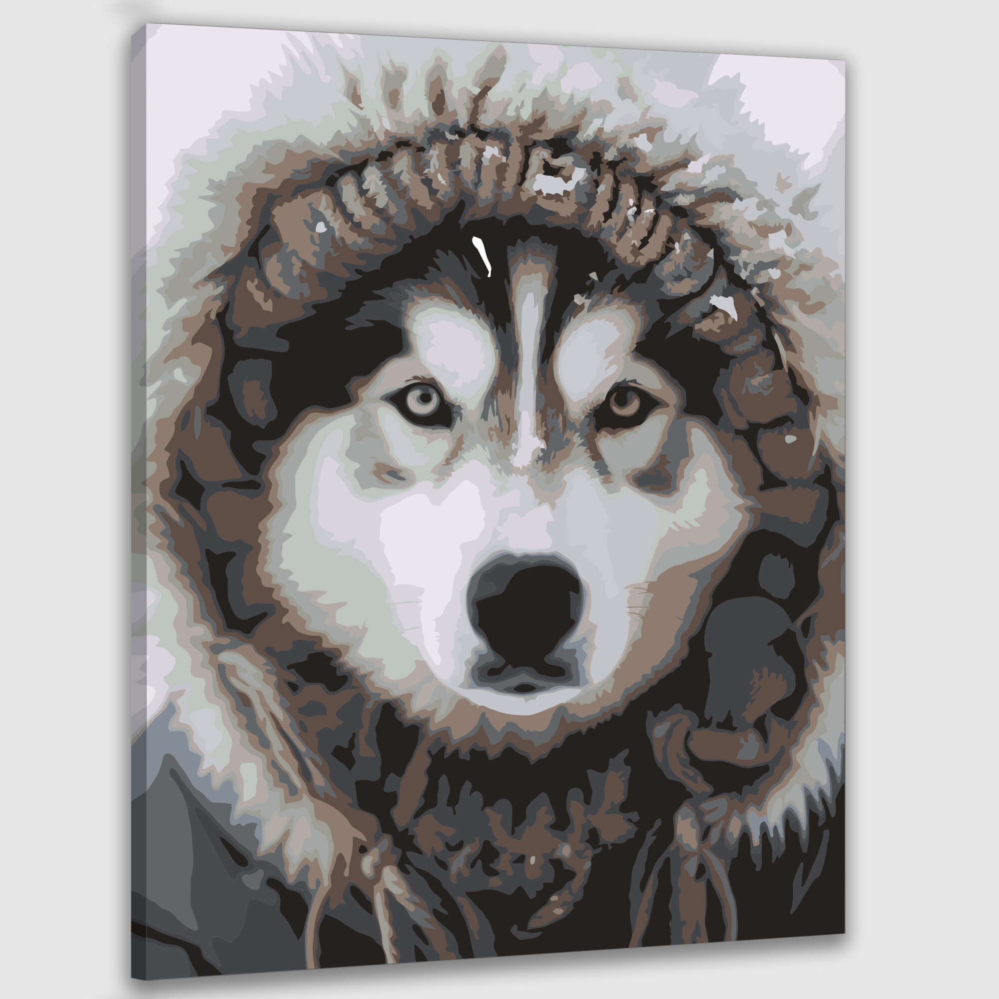 Картина по номерам 40x50 см, хаски, заиндевелая шерсть, холодный взгляд, мельчайшие детали, заснеженный фон