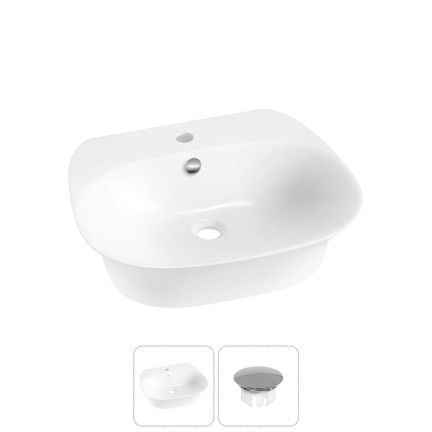 Подвесная или накладная раковина в ванную комнату Wellsee Excellence Pro 31760101R в наборе 2 в 1: раковина 50 см в цвете белый глянец с заглушкой на переливзаглушка на перелив